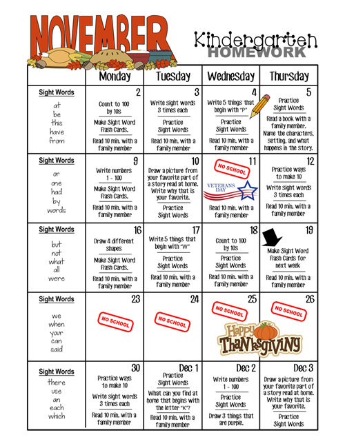 Chinnery, Pamela / Kindergarten Homework Calendars