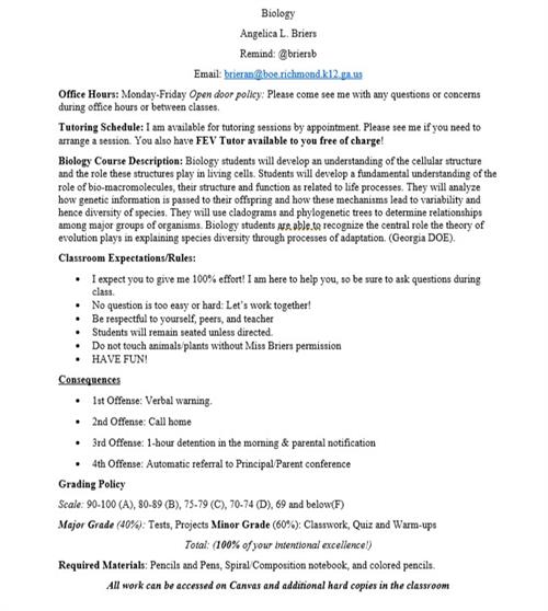 Briers, Angelica / Science / Biology and Environmental Science Syllabus