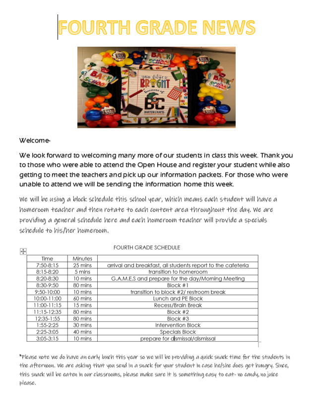 Glass, Patricia - 4th Grade Teacher / 4th grade Newsletters