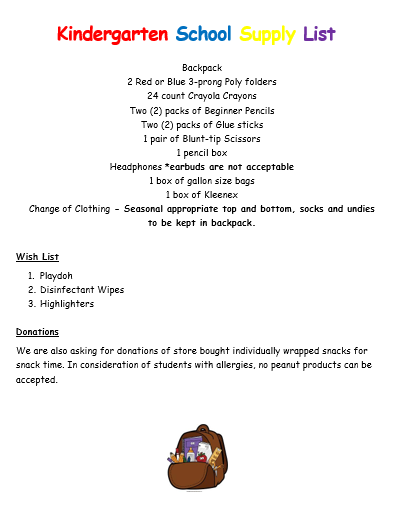 Allen, Nelda / Kindergarten / Kindergarten Supply List