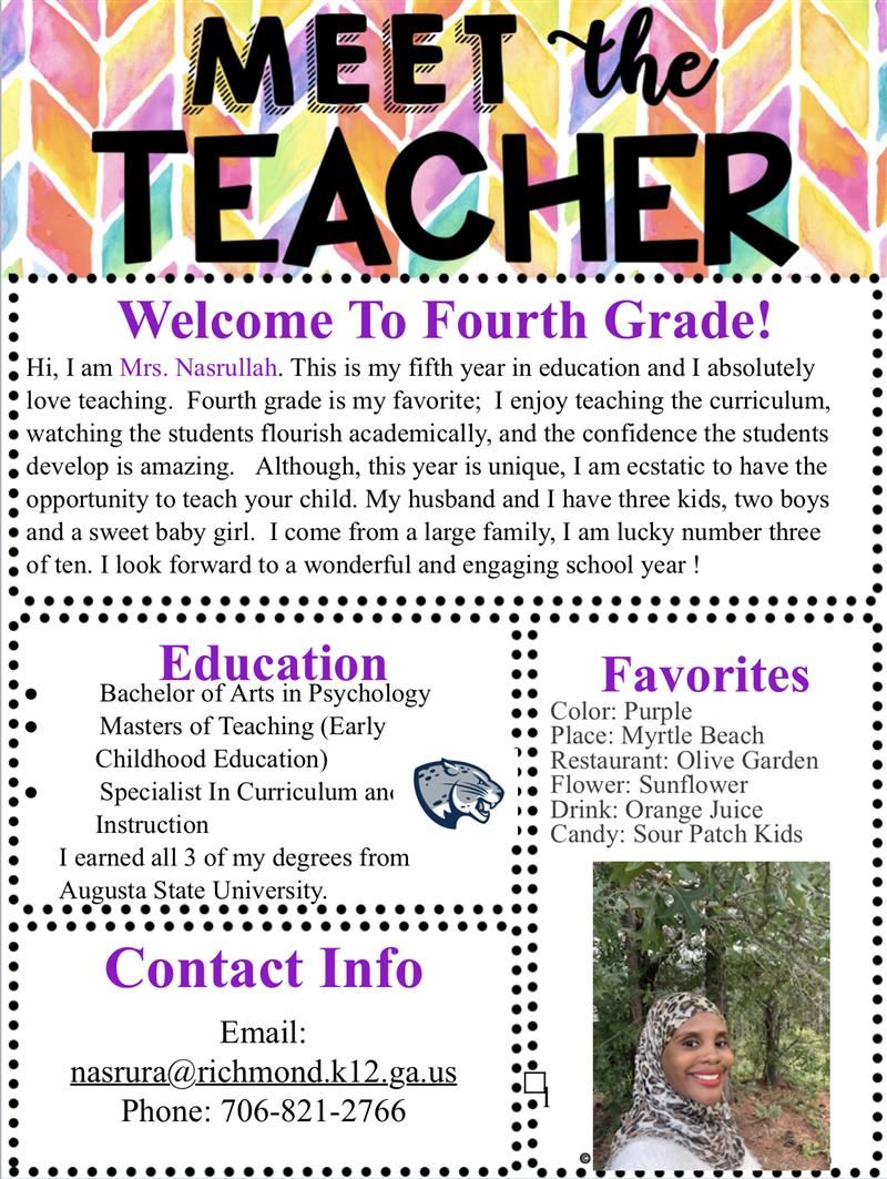 Nasrullah, Rashida - 5th grade / Meet The Teacher